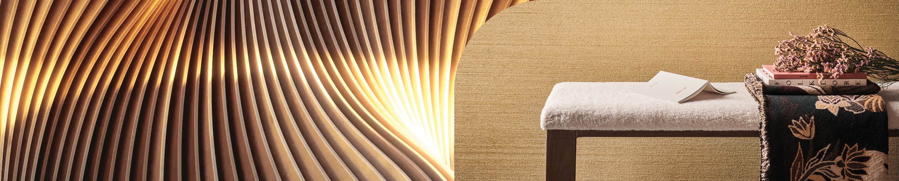 baresque | colour trends | scene showing curved wave lines with boucle ottoman with books and ...